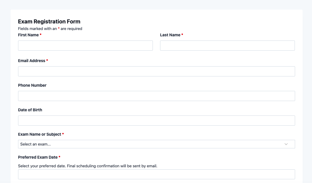 Free Exam Registration Form Template for WordPress | Ninja Forms